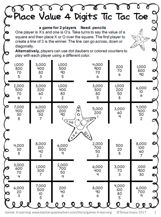 Place Value 4 Digits Tic Tac Toe - SchoolhouseTeachers.com