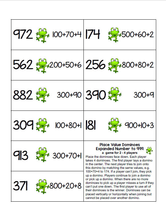 Place Value Dominoes Expanded Number to 999 - SchoolhouseTeachers.com