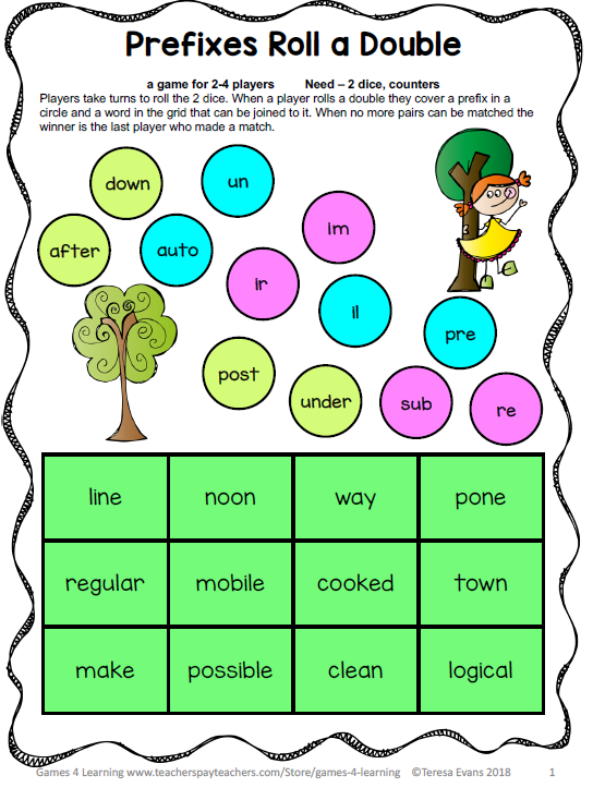 Prefixes Roll a Double - SchoolhouseTeachers.com