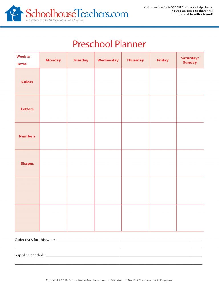Preschool Planner - Weekly Schedule Printouts and Activities