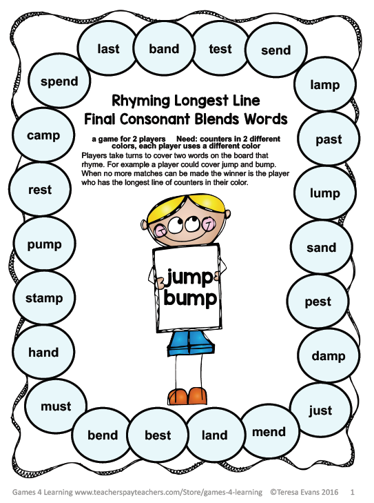 Rhyming Longest Line Final Consonant Blends Words - SchoolhouseTeachers.com