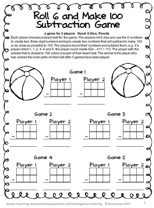 Roll 6 and Make 100 Subtraction Game - SchoolhouseTeachers.com