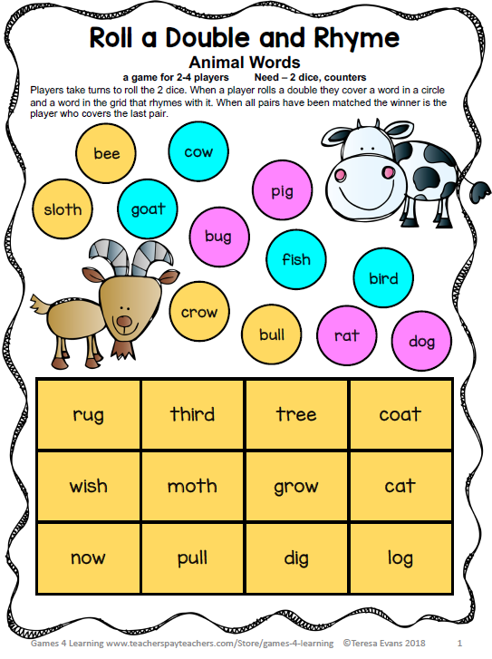 Roll a Double and Rhyme Animal Words - SchoolhouseTeachers.com