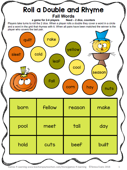 Roll a Double and Rhyme Fall Words - SchoolhouseTeachers.com
