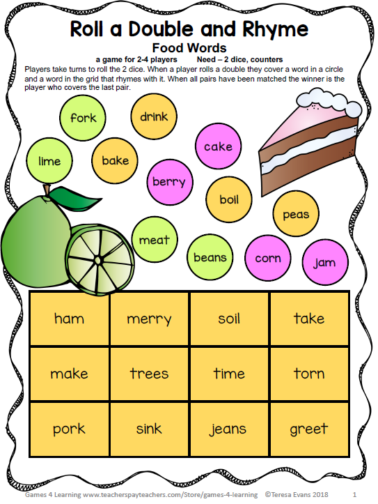 Roll a Double and Rhyme Food Words - SchoolhouseTeachers.com