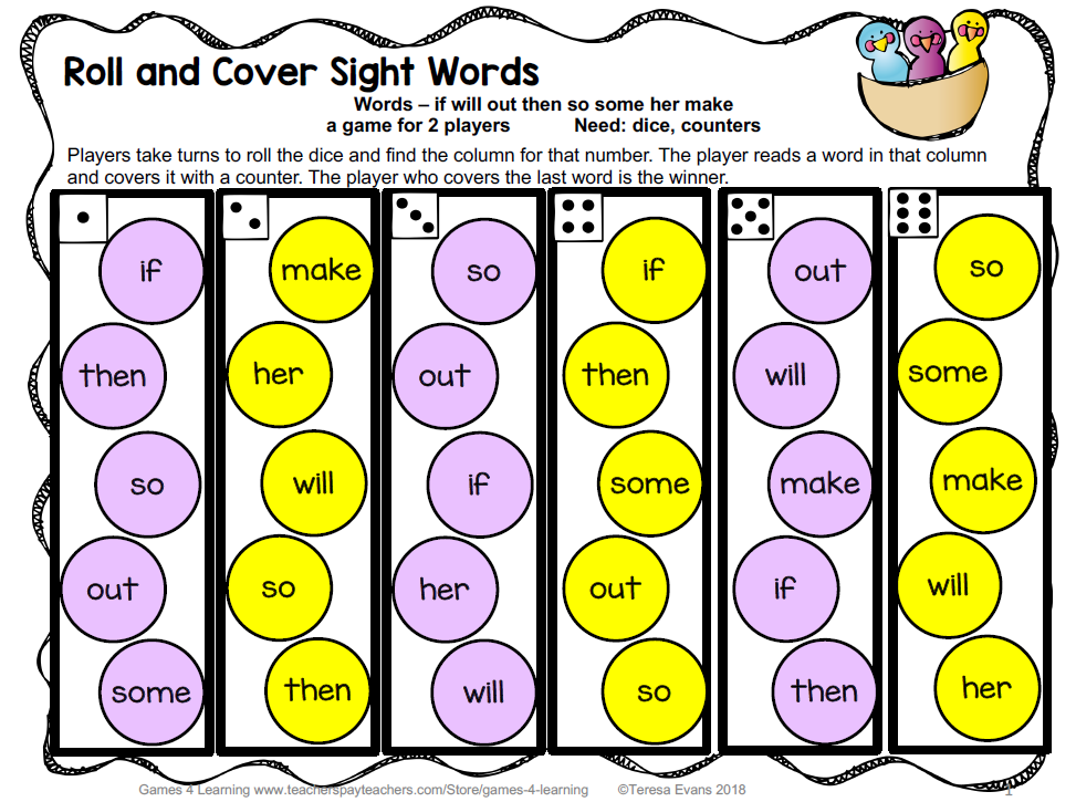 Roll and Cover Sight Words - 2 - SchoolhouseTeachers.com