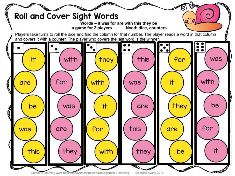 Roll and Cover Sight Words - 3 - SchoolhouseTeachers.com