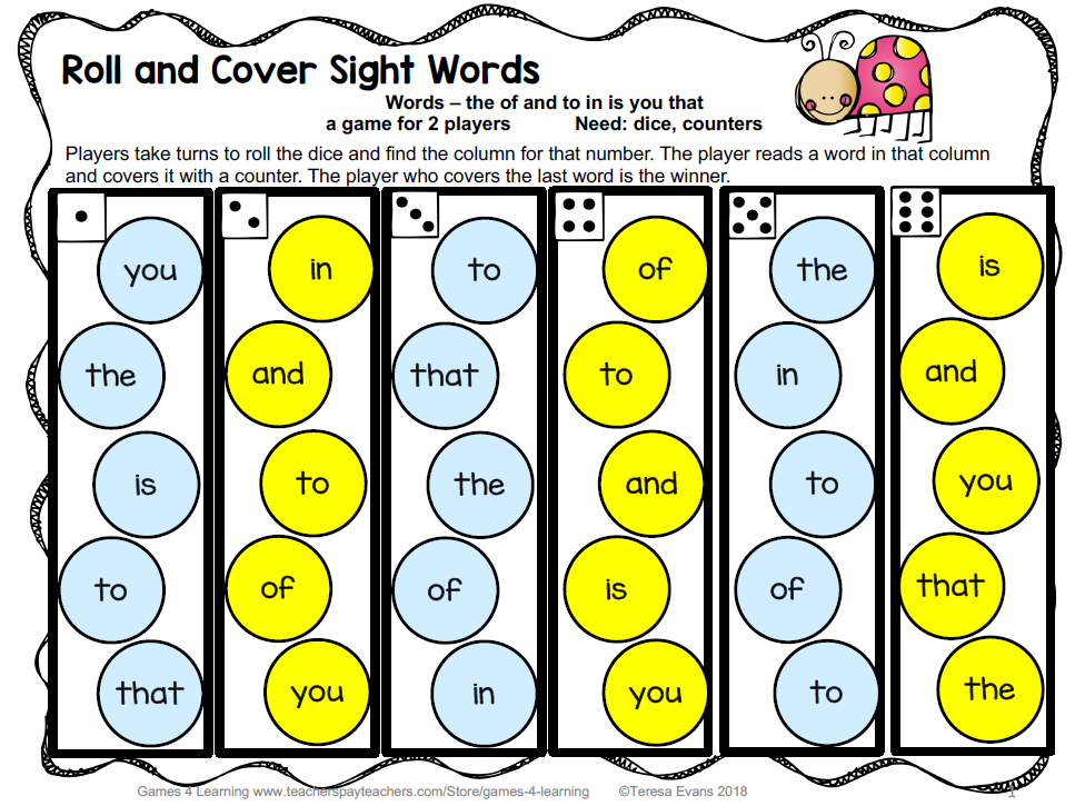 Roll and Cover Sight Words - 4 - SchoolhouseTeachers.com