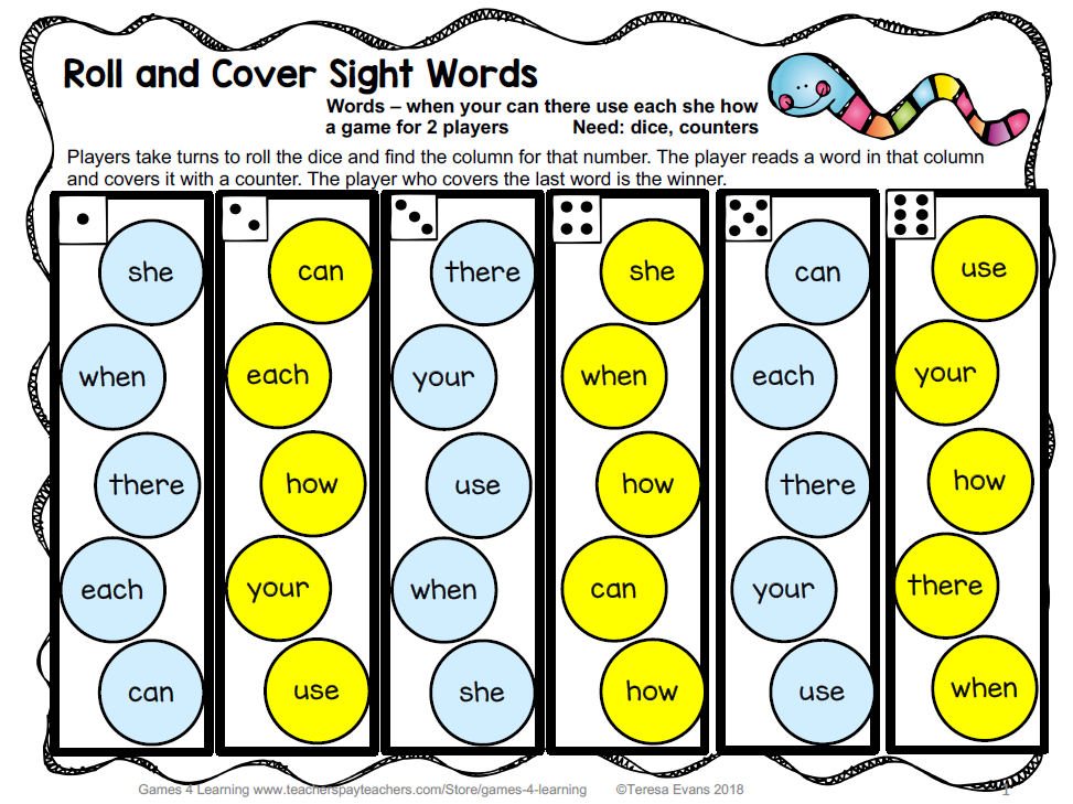 Roll and Cover Sight Words - 5 - SchoolhouseTeachers.com