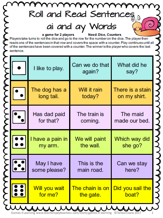 Roll and Read Sentences ai and ay Words - SchoolhouseTeachers.com