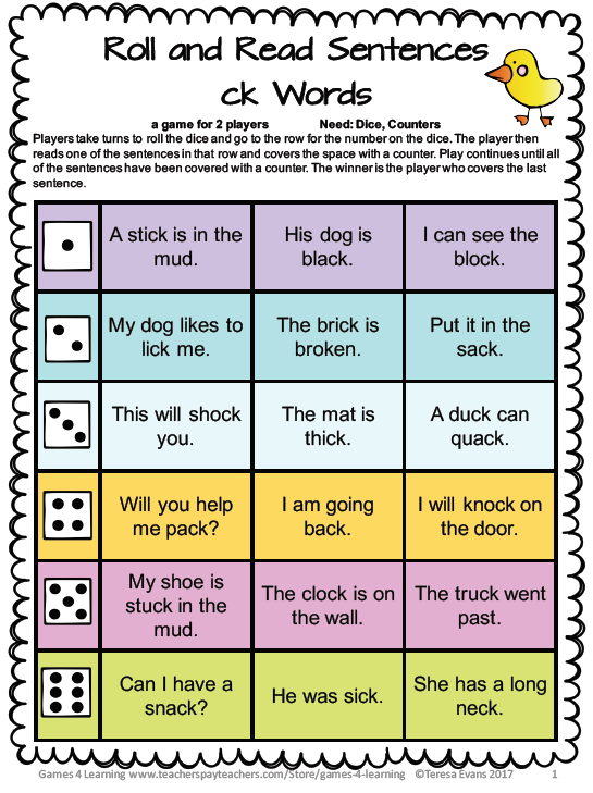Roll and Read Sentences ck Words - SchoolhouseTeachers.com