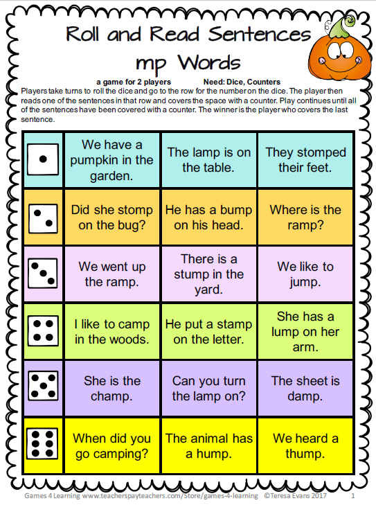 Roll and Read Sentences mp Words - SchoolhouseTeachers.com