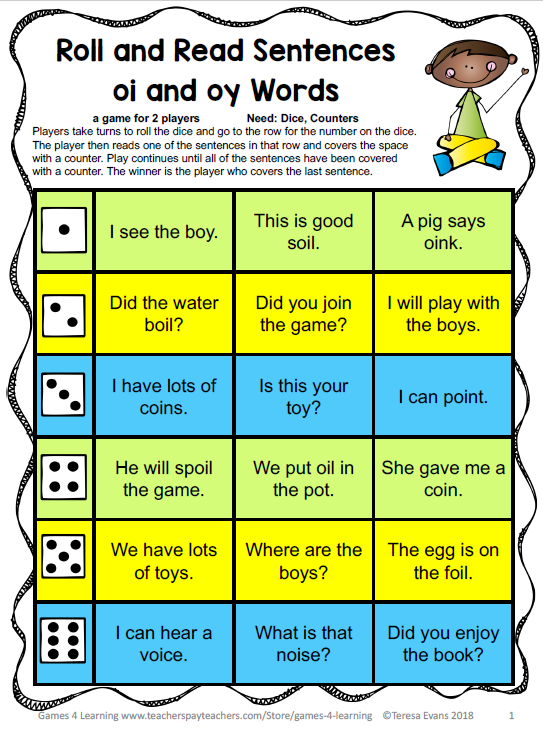 Roll and Read Sentences oi and oy Words - SchoolhouseTeachers.com