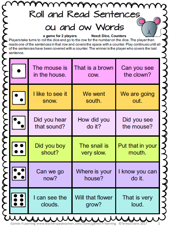 Roll and Read Sentences ou and ow Words - SchoolhouseTeachers.com