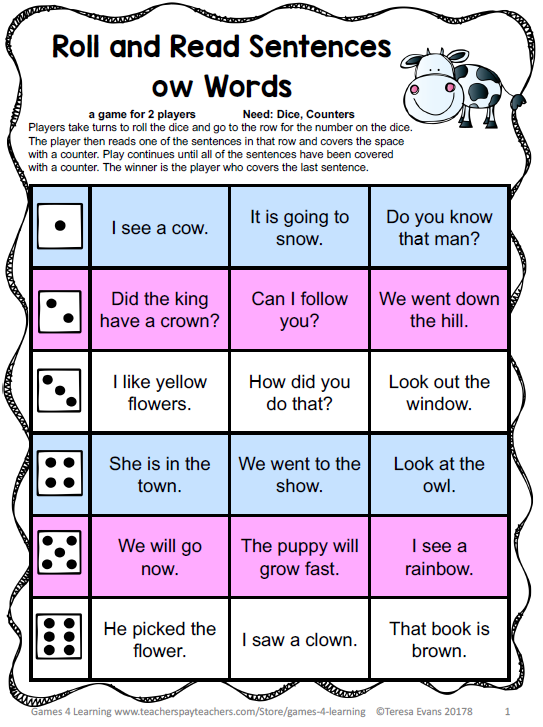 Roll and Read Sentences ow Words - SchoolhouseTeachers.com