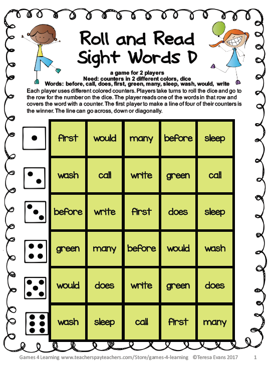 Roll and Read Sight Words D - SchoolhouseTeachers.com