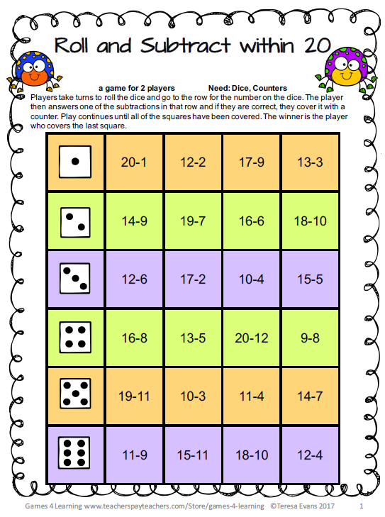 Roll and Subtract within 20 - SchoolhouseTeachers.com