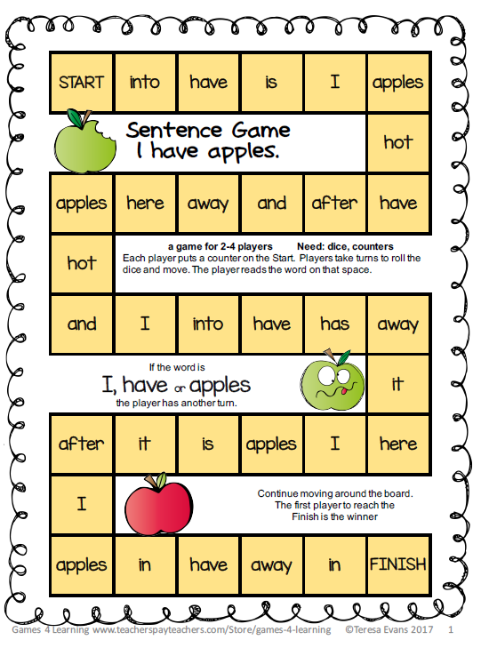 Sentence Game I have apples - SchoolhouseTeachers.com