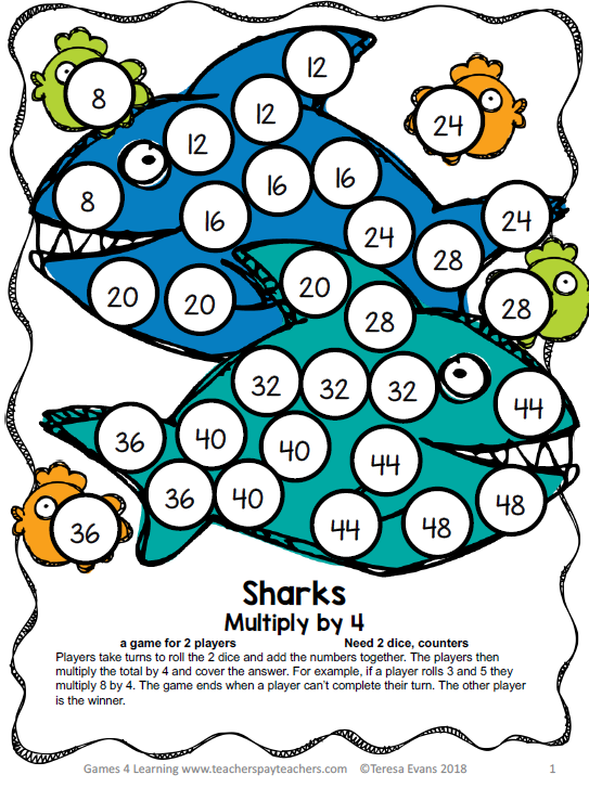 Sharks Multiply by 4 - SchoolhouseTeachers.com