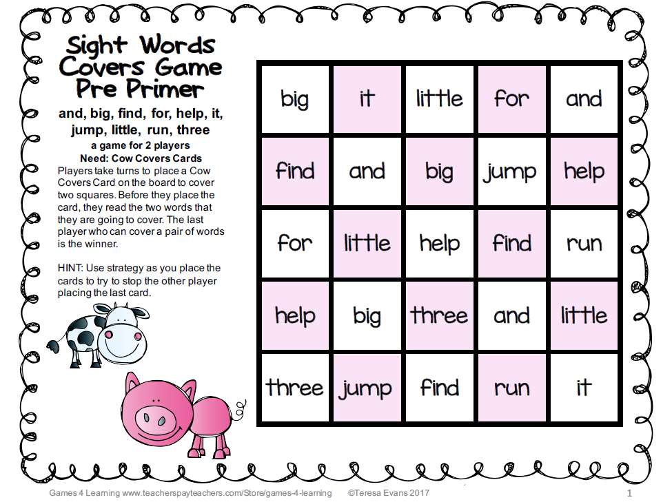 Sight Word Covers Game Pre Primer - SchoolhouseTeachers.com