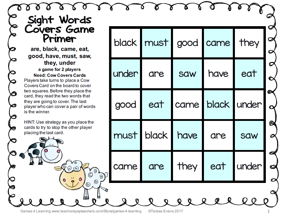 Sight Word Covers Game Primer - SchoolhouseTeachers.com