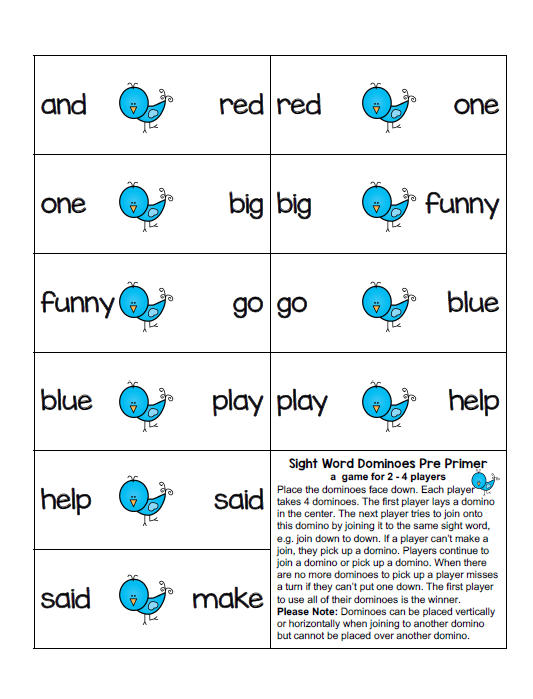 Sight Word Dominoes Pre-Primer - SchoolhouseTeachers.com