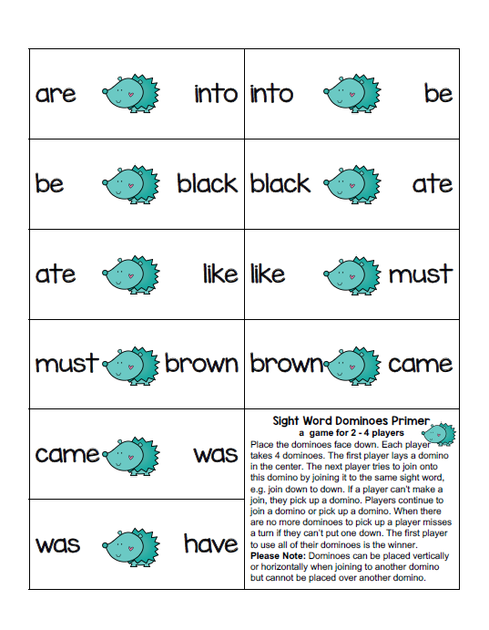 Sight Word Dominoes Primer - SchoolhouseTeachers.com