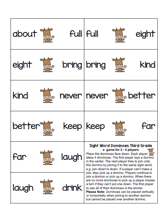 Sight Word Dominoes Third Grade - SchoolhouseTeachers.com