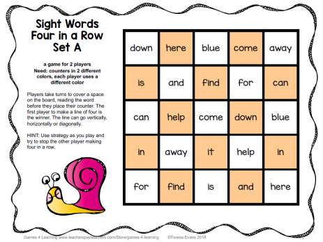 Sight Words Four in a Row Set A - SchoolhouseTeachers.com