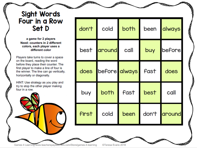 Sight Words Four in a Row Set D - SchoolhouseTeachers.com