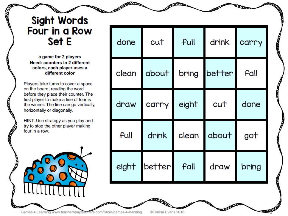 Sight Words Four in a Row Set E - SchoolhouseTeachers.com