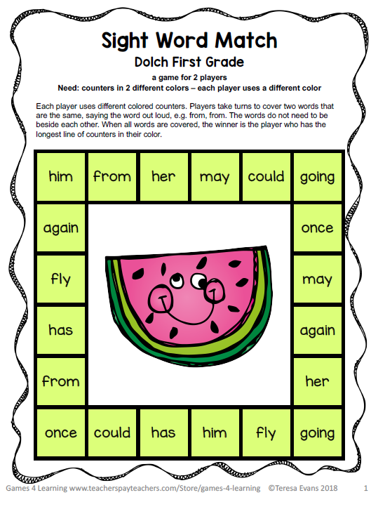 Sight Word Match Dolch First Grade Words - SchoolhouseTeachers.com