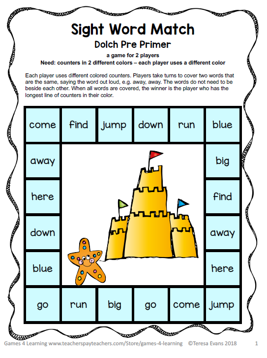 Sight Word Match Dolch Pre Primer Words - SchoolhouseTeachers.com