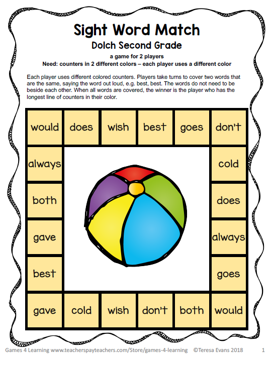 Sight Word Match Dolch Second Grade Words - SchoolhouseTeachers.com