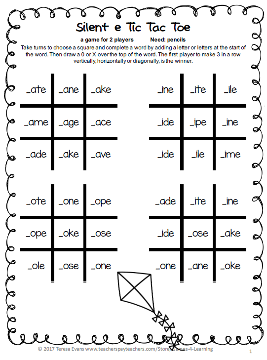 Silent e Tic Tac Toe - SchoolhouseTeachers.com
