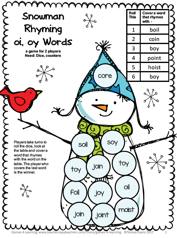 Snowman Rhyming oi oy Words - SchoolhouseTeachers.com