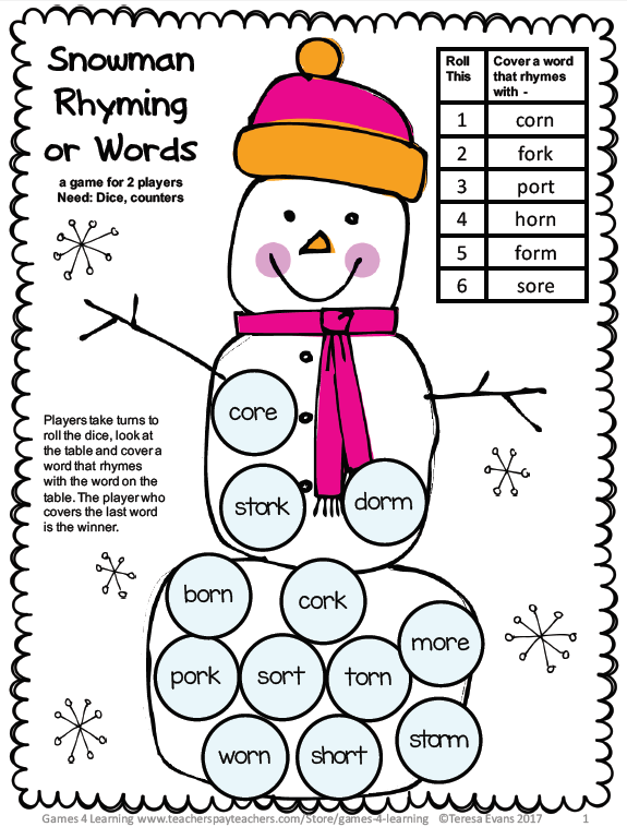 Snowman Rhyming or Words - SchoolhouseTeachers.com
