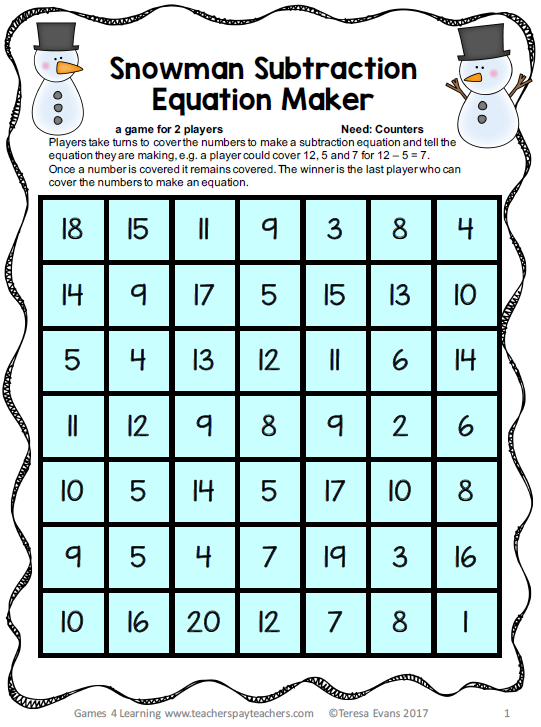 Snowmen Subtraction Equation Maker - SchoolhouseTeachers.com