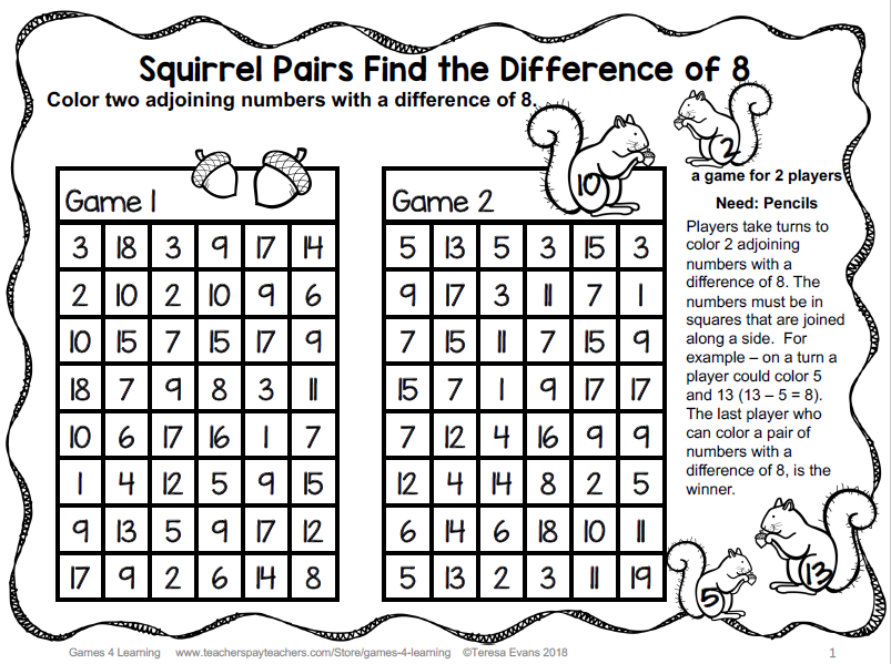 Squirrel Pairs Find the Difference of 8 - SchoolhouseTeachers.com