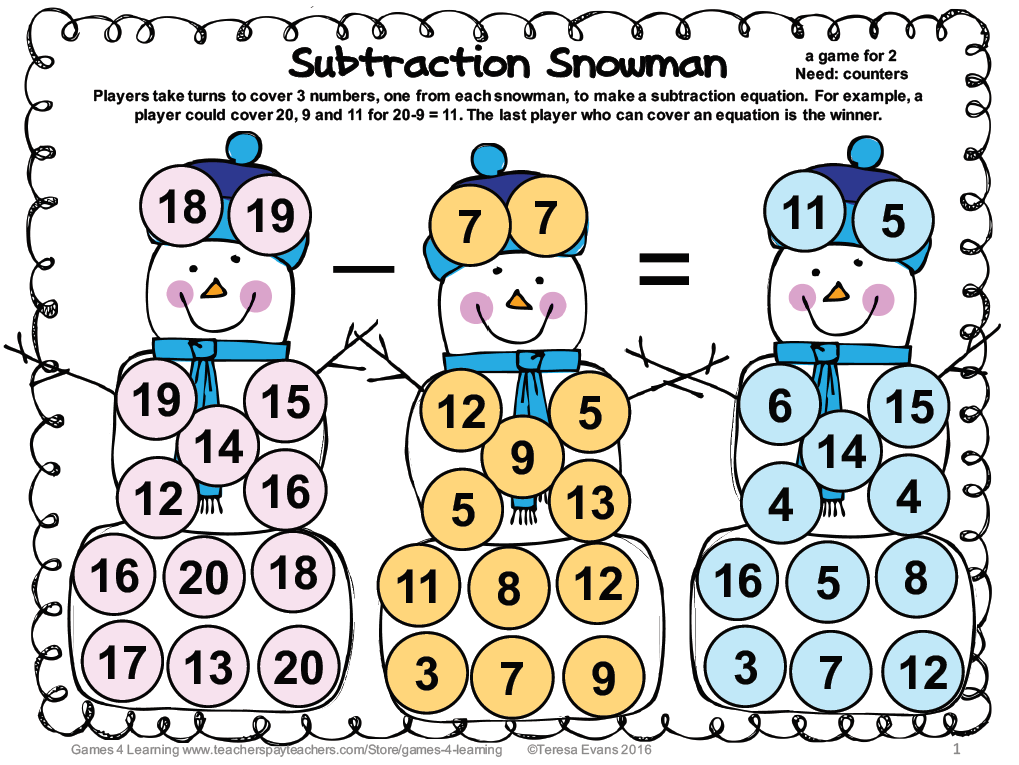 Subtraction Snowman - SchoolhouseTeachers.com