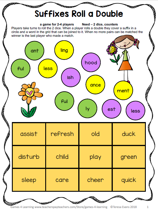 Suffixes Roll a Double - SchoolhouseTeachers.com