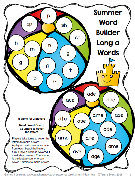 Summer Word Builder Long a Words - SchoolhouseTeachers.com