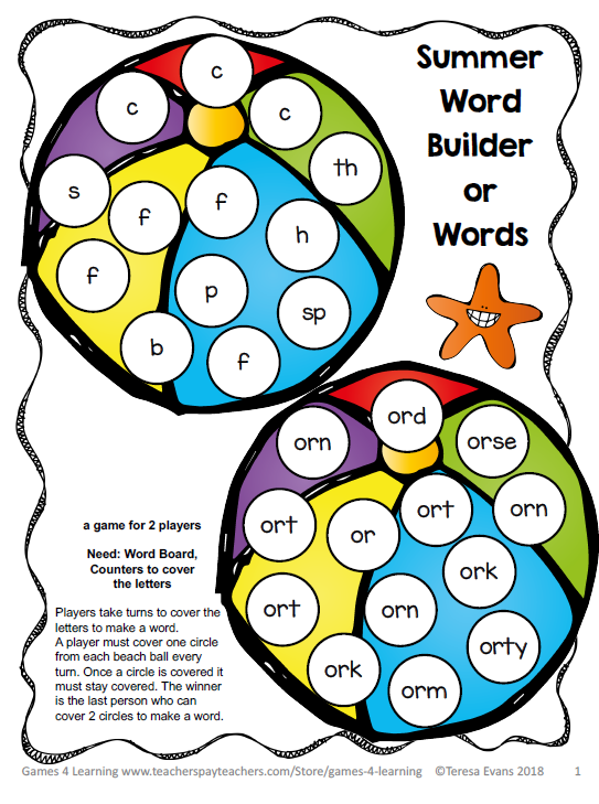 Summer Word Builder or Words - SchoolhouseTeachers.com