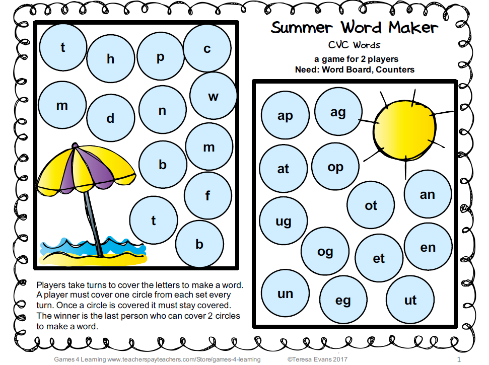 Summer Word Maker CVC Words - SchoolhouseTeachers.com