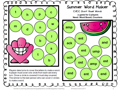 Summer Word Maker CVCC Words - SchoolhouseTeachers.com