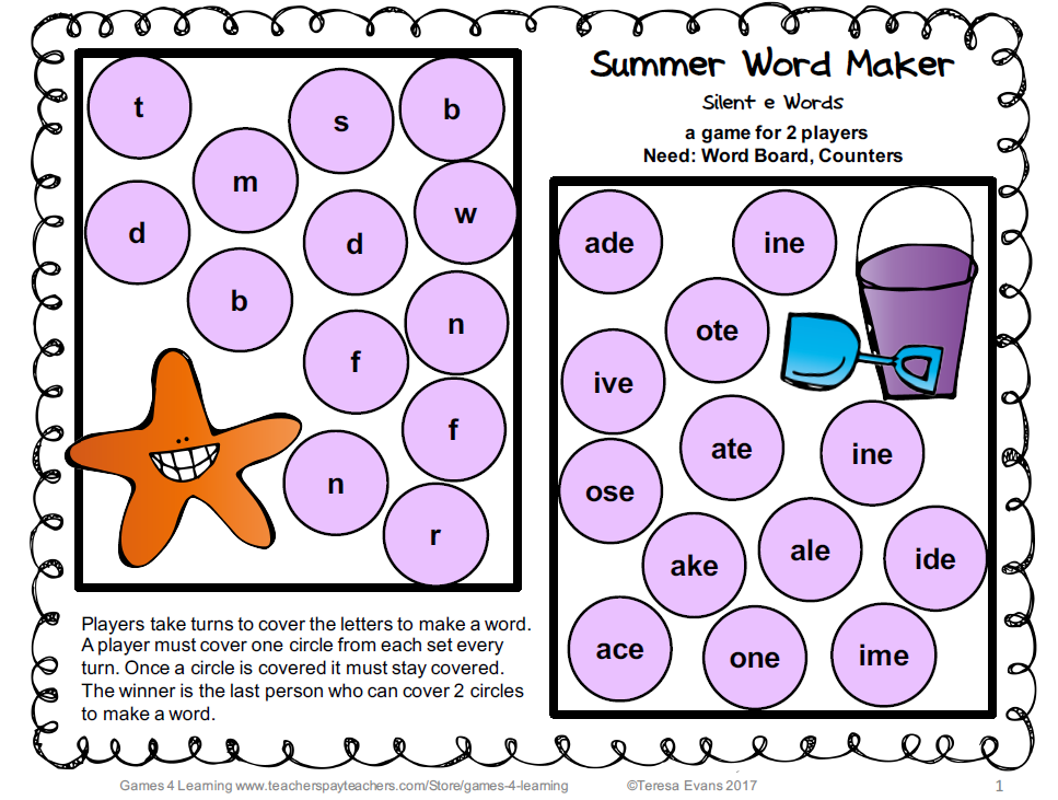 Summer Word Maker Silent e Words - SchoolhouseTeachers.com
