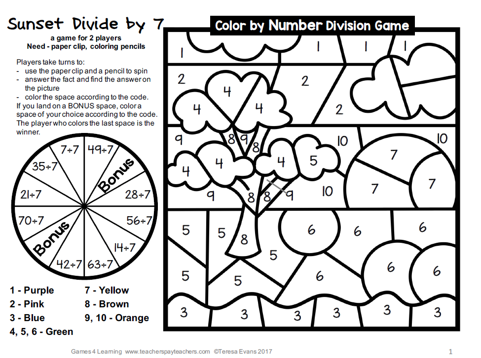 Sunset Divide by 7 Color by Number Game - SchoolhouseTeachers.com