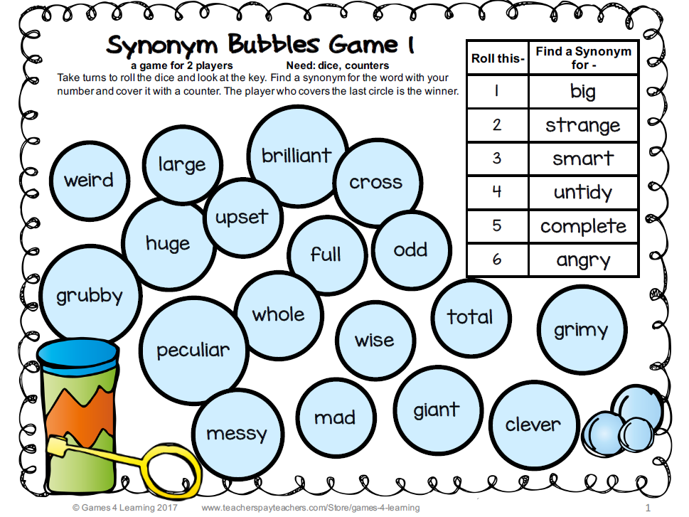 Synonym Bubbles Game 1 - SchoolhouseTeachers.com