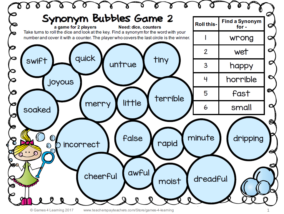 Synonym Bubbles Game 2 - SchoolhouseTeachers.com