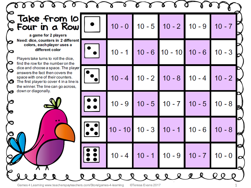 Take from 10 Four in a Row - SchoolhouseTeachers.com